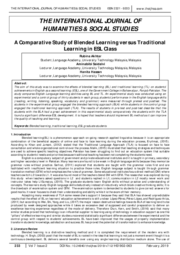 (PDF) A Comparative Study of Blended Learning versus Traditional ...