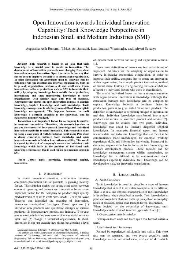 (PDF) Open Innovation towards Individual Innovation Capability: Tacit Knowledge Perspective in ...