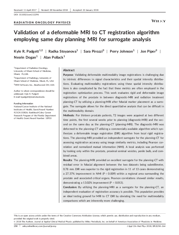 Pdf Validation Of A Deformable Mri To Ct Registration Algorithm Employing Same Day Planning