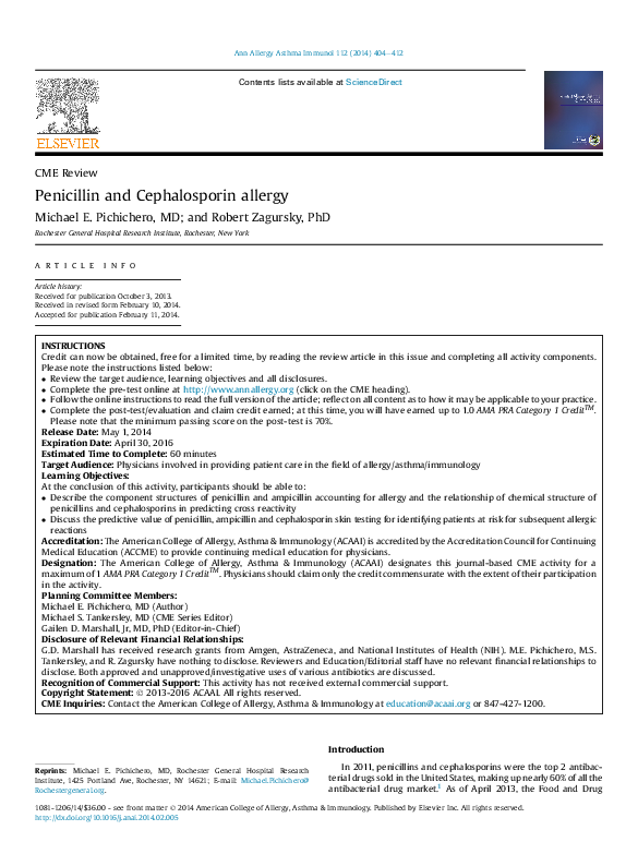 (PDF) Penicillin and Cephalosporin allergy