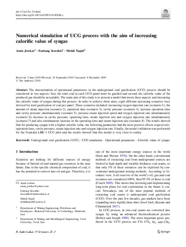 (PDF) Numerical simulation of UCG process with the aim of increasing calorific value of syngas