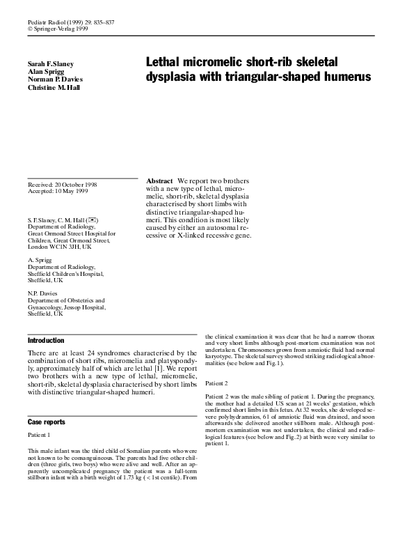 (PDF) Lethal micromelic short-rib skeletal dysplasia with triangular ...