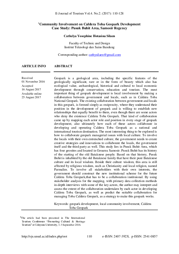 (PDF) Community Involvement on Caldera Toba Geopark Development Case ...