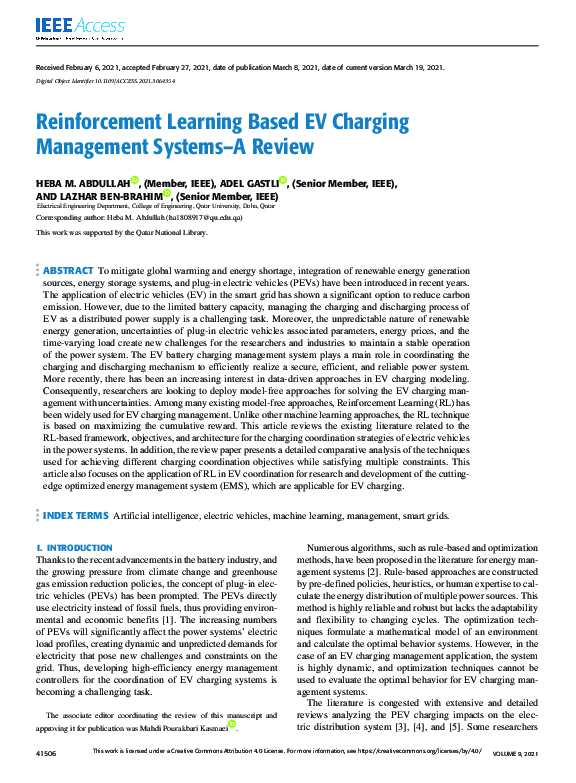 (PDF) Reinforcement Learning Based EV Charging Management Systems–A Review