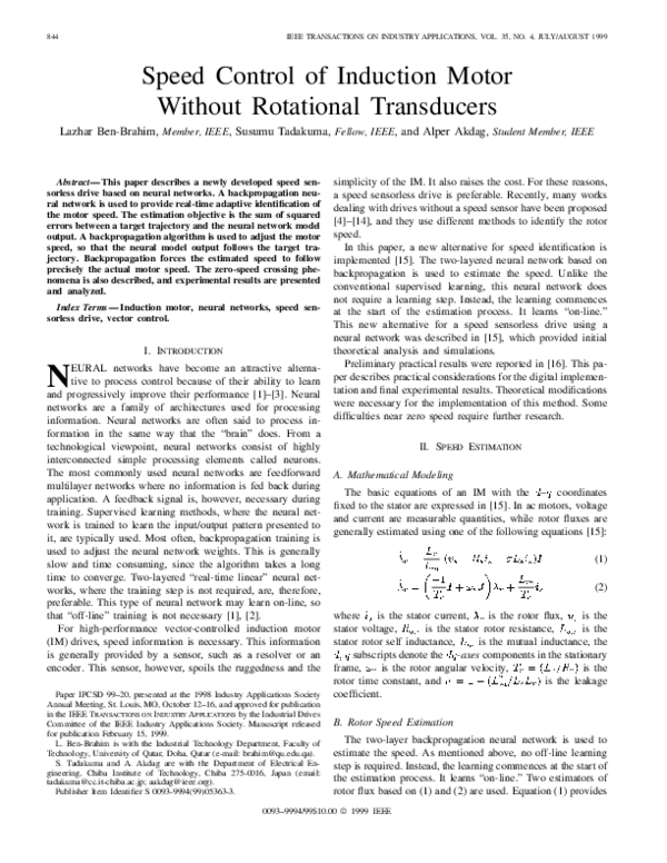 (PDF) Speed control of induction motor without rotational transducers