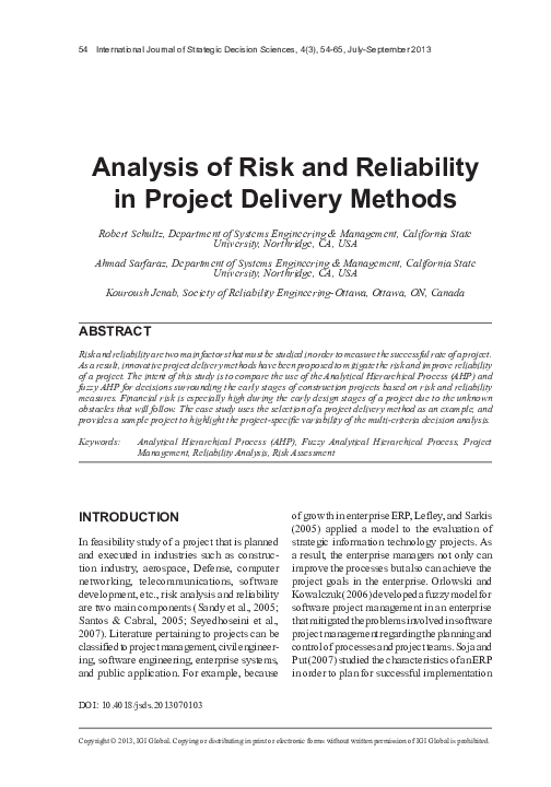 (PDF) Analysis of Risk and Reliability in Project Delivery Methods