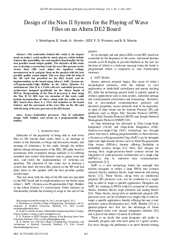 (PDF) Design of the Nios II System for the Playing of Wave Files on an Altera DE2 Board
