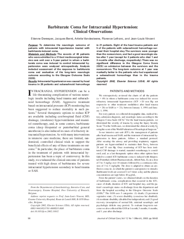 (PDF) Barbiturate coma for intracranial hypertension: Clinical observations