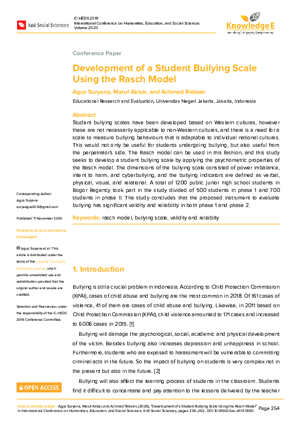 (PDF) Development of a Student Bullying Scale Using the Rasch Model ...