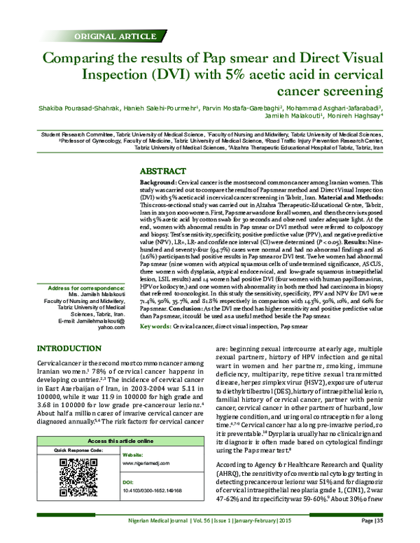 (PDF) Comparing the results of Pap smear and Direct Visual Inspection ...