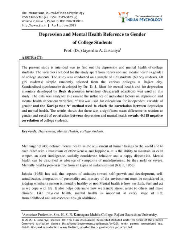 (PDF) Depression and Mental Health Reference to Gender of College Students