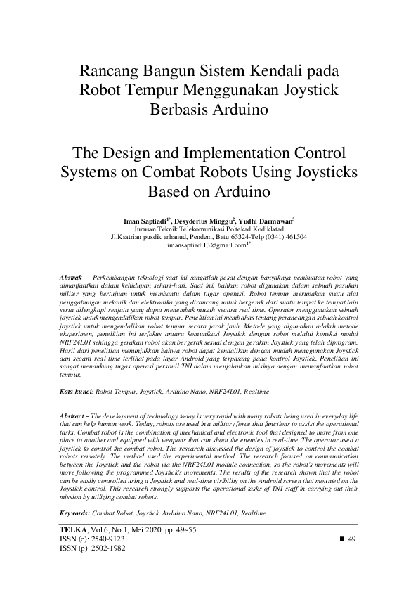 (PDF) Rancang Bangun Sistem Kendali pada Robot Tempur Menggunakan Joystick Berbasis Arduino
