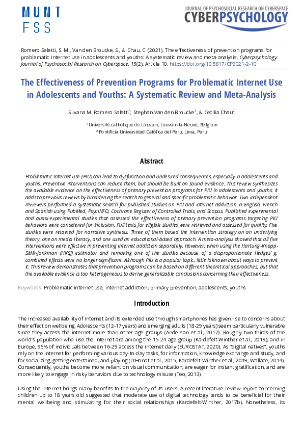 (PDF) The effectiveness of prevention programs for problematic Internet ...