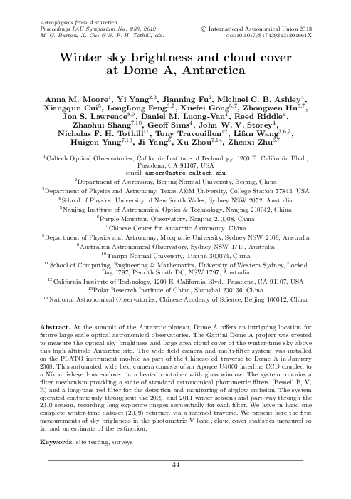 (PDF) Winter sky brightness and cloud cover at Dome A, Antarctica