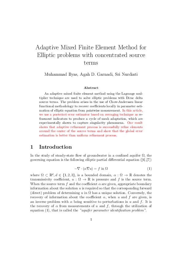 Pdf Adaptive Mixed Finite Element Method For Elliptic Problems With Concentrated Source Terms