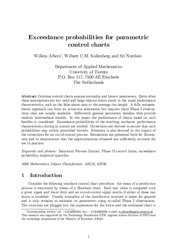 Exceedance probabilities for parametric control charts