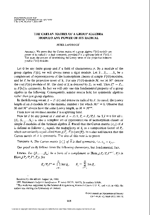 (PDF) The Cartan matrix of a group algebra modulo any power of its radical