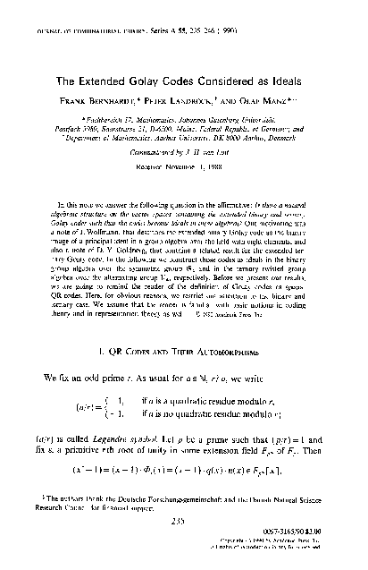 (PDF) The extended golay codes considered as ideals | Peter Landrock - Academia.edu