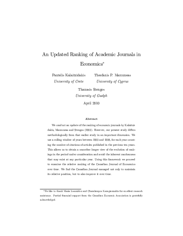 (PDF) An updated ranking of academic journals in economics