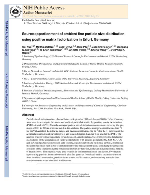 Pdf Source Apportionment Of Ambient Fine Particle Size Distribution