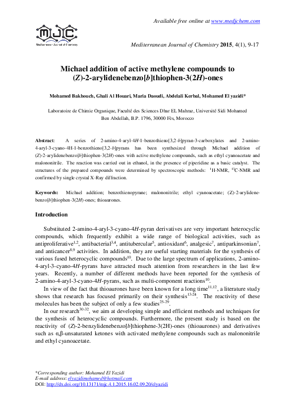 (PDF) Michael addition of active methylene compounds to (Z)-2-arylidenebenzo[b]thiophen-3(2H)-ones