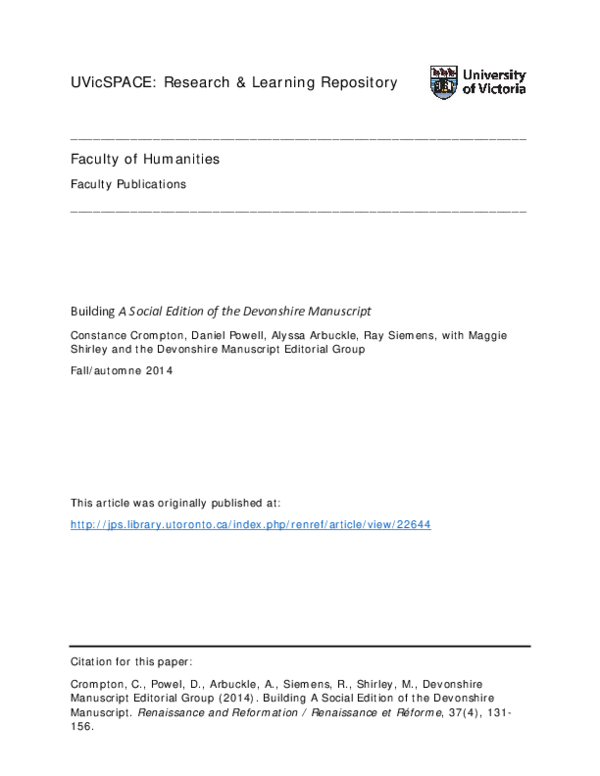 (PDF) 8. Building A Social Edition of the Devonshire Manuscript