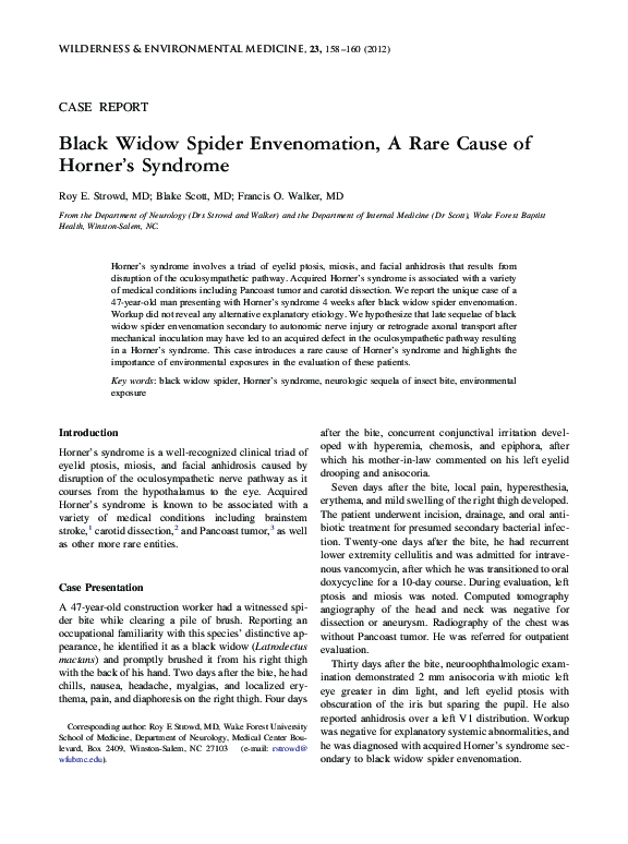 (PDF) Black Widow Spider Envenomation, A Rare Cause of Horner's Syndrome