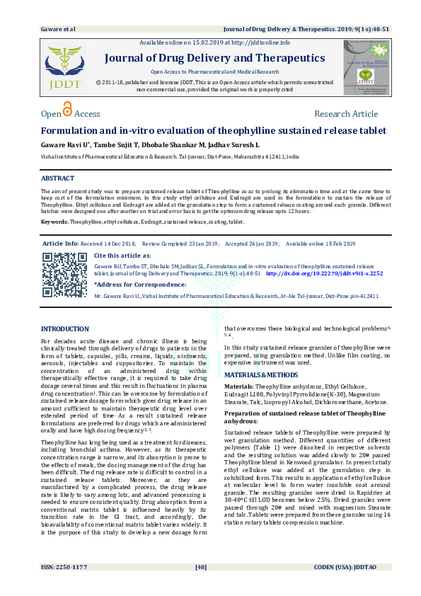 Pdf Formulation And In Vitro Evaluation Of Theophylline Sr Matrix Tablets And Comparison Of