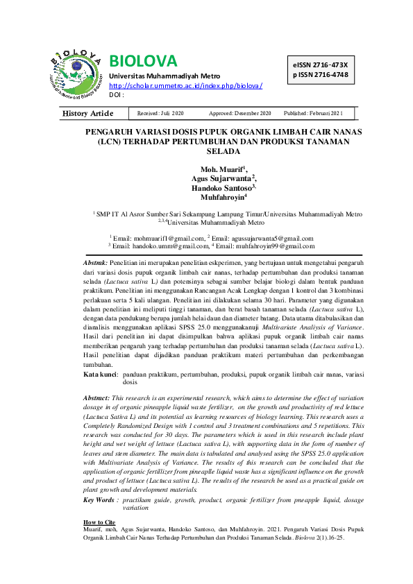 (PDF) Pengaruh Variasi Dosis Pupuk Organik Limbah Cair Nanas (LCN) Terhadap Pertumbuhan Dan ...