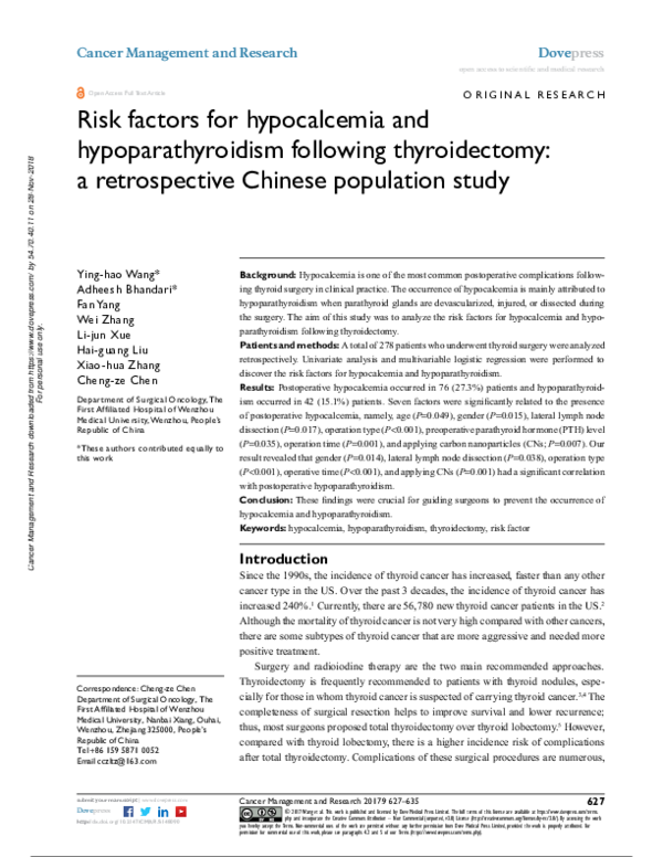 (PDF) Risk factors for hypocalcemia and hypoparathyroidism following thyroidectomy: a ...