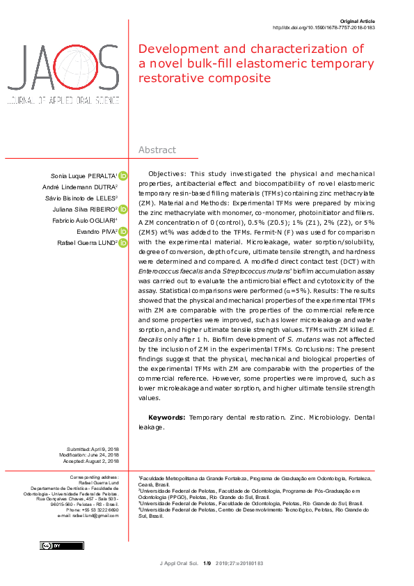 (PDF) Development and characterization of a novel bulk-fill elastomeric temporary restorative ...