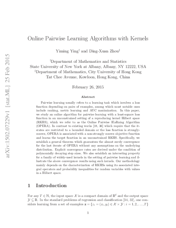 (PDF) Online Pairwise Learning Algorithms with Kernels
