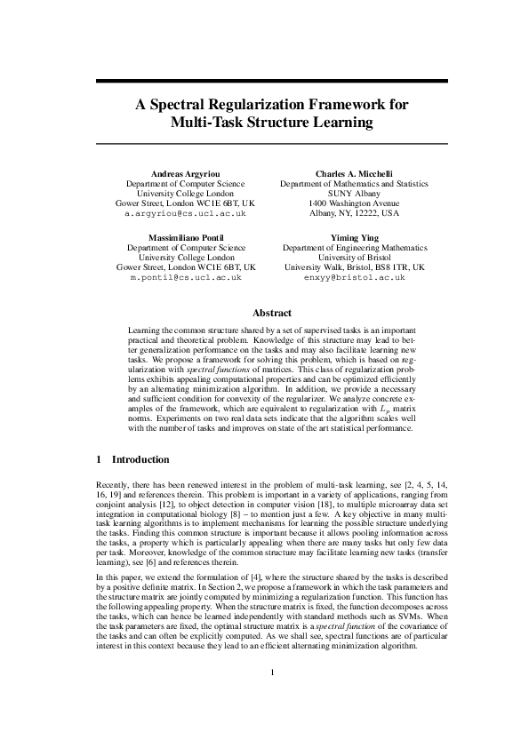 A Spectral Regularization Framework For Multi Task Structure Learning