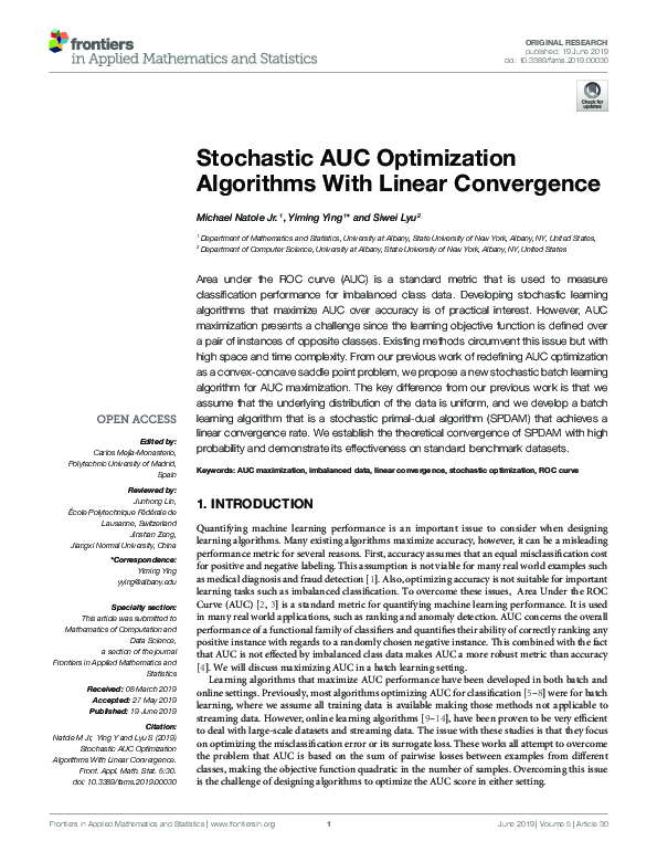 (PDF) Stochastic AUC Optimization Algorithms With Linear Convergence