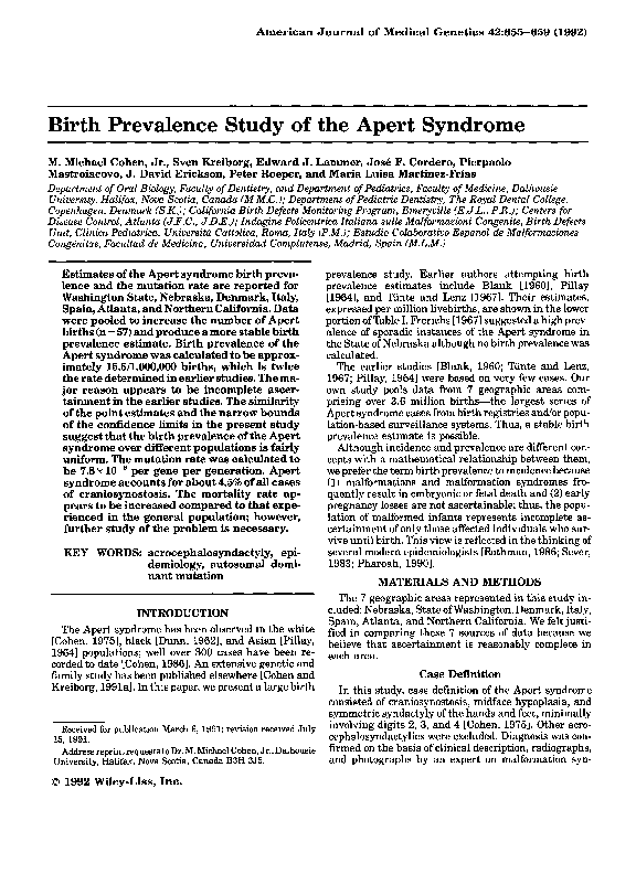 (PDF) Birth prevalence study of the apert syndrome