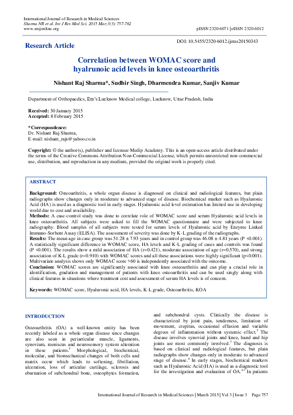 (PDF) Correlation between WOMAC score and hyalrunoic acid levels in ...