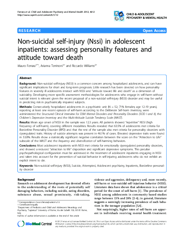 (PDF) Non-suicidal self-injury (Nssi) in adolescent inpatients ... (PDF) Non-suicidal self-injury (Nssi) in adolescent inpatients ...