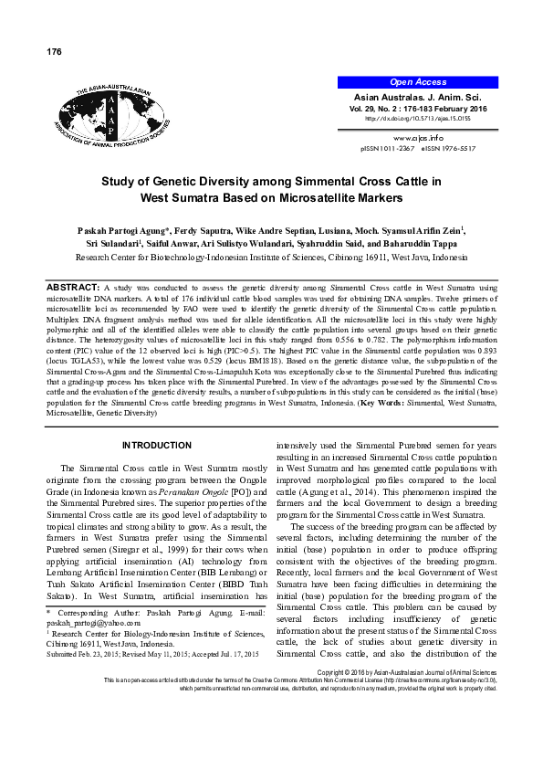 (PDF) Study of Genetic Diversity among Simmental Cross Cattle in West ...