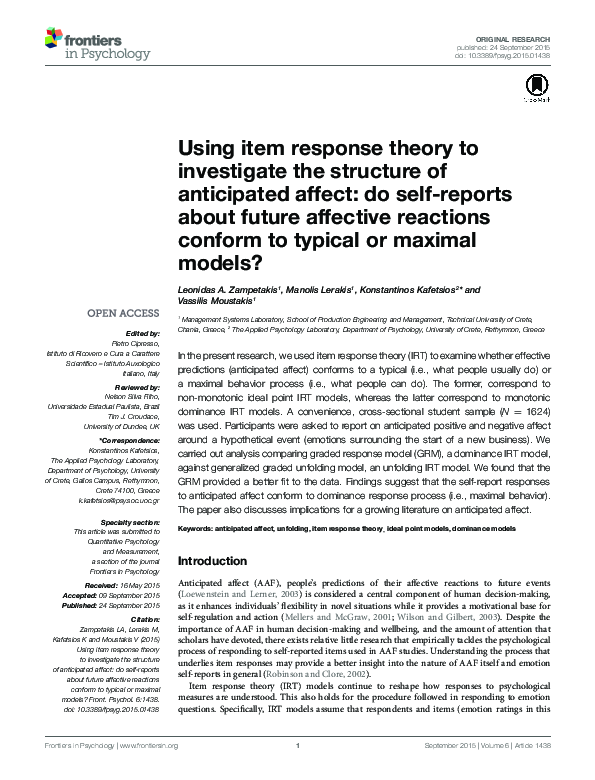 (PDF) Using item response theory to investigate the structure of anticipated affect: do self ...