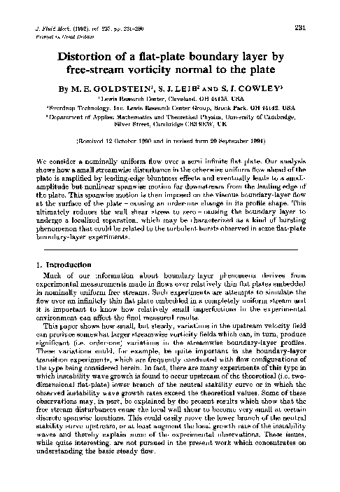 (PDF) Distortion of a flat-plate boundary layer by free-stream vorticity normal to the plate
