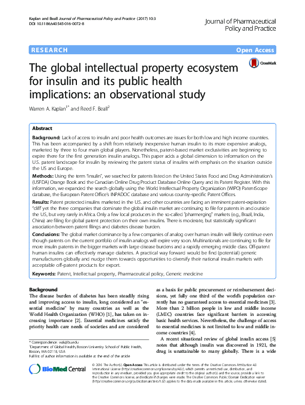 (PDF) The global intellectual property ecosystem for insulin and its ...
