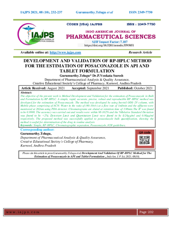 Pdf Development And Validation Of Rp Hplc Method For The Estimation