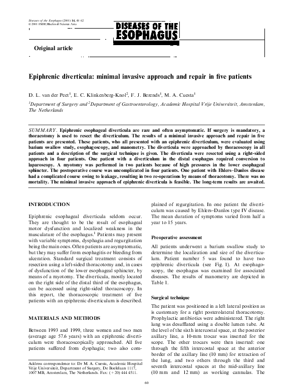 (PDF) Epiphrenic diverticula: minimal invasive approach and repair in five patients