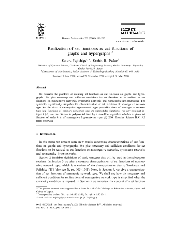 Pdf Realization Of Set Functions As Cut Functions Of Graphs And Hypergraphs Sachin Patkar