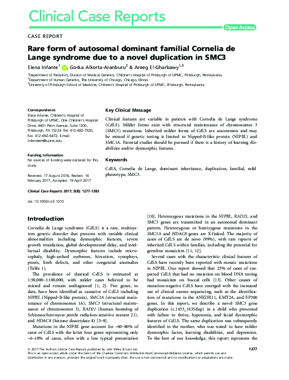 (PDF) Rare form of autosomal dominant familial Cornelia de Lange syndrome due to a novel ...