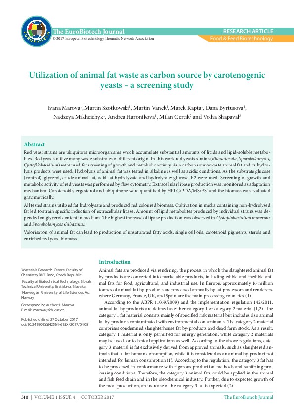 (PDF) Utilization of animal fat waste as carbon source by carotenogenic ...