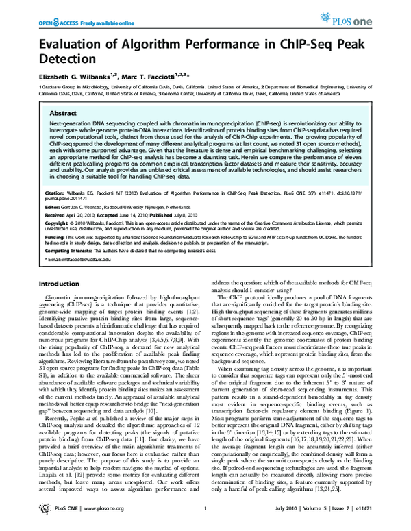 Pdf Evaluation Of Algorithm Performance In Chip Seq Peak Detection