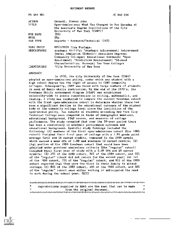 (PDF) Open-Admissions: What Has Changed in Two Decades at the Community ...