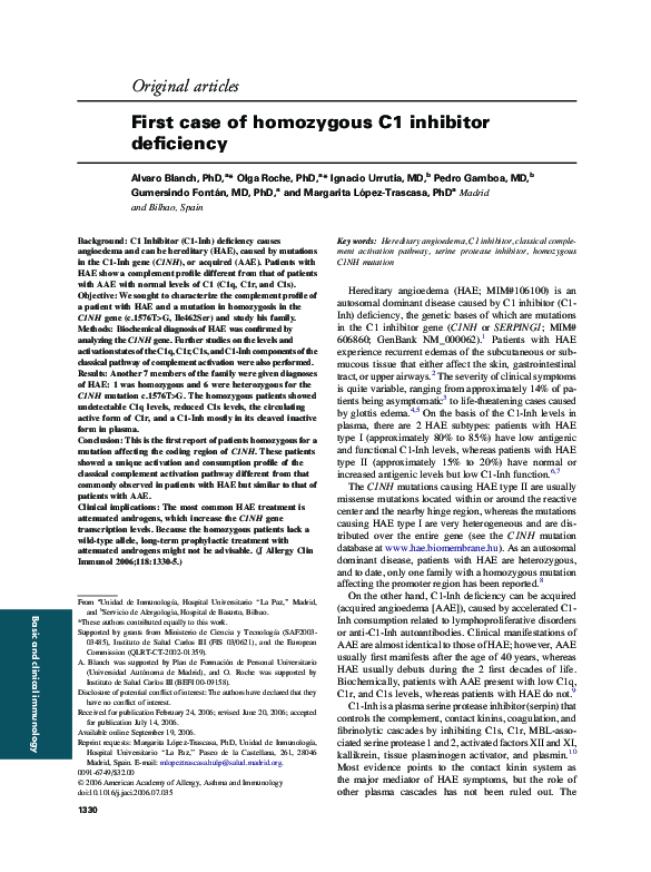 (PDF) First case of homozygous C1 inhibitor deficiency