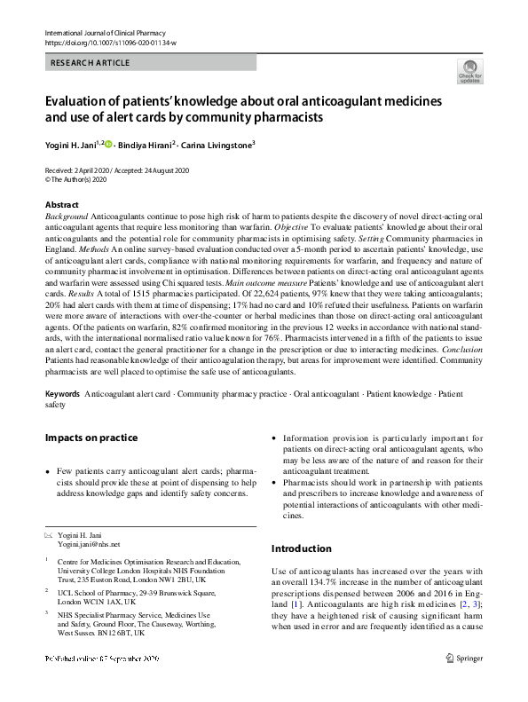 (PDF) Evaluation of patients’ knowledge about oral anticoagulant ...